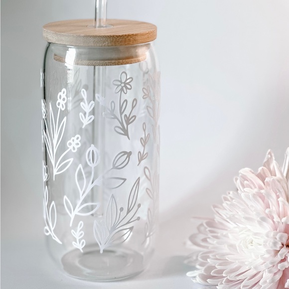 Dining | Spring Flower Glass Cup 16oz With Bamboo Lid And Glass Straw ...